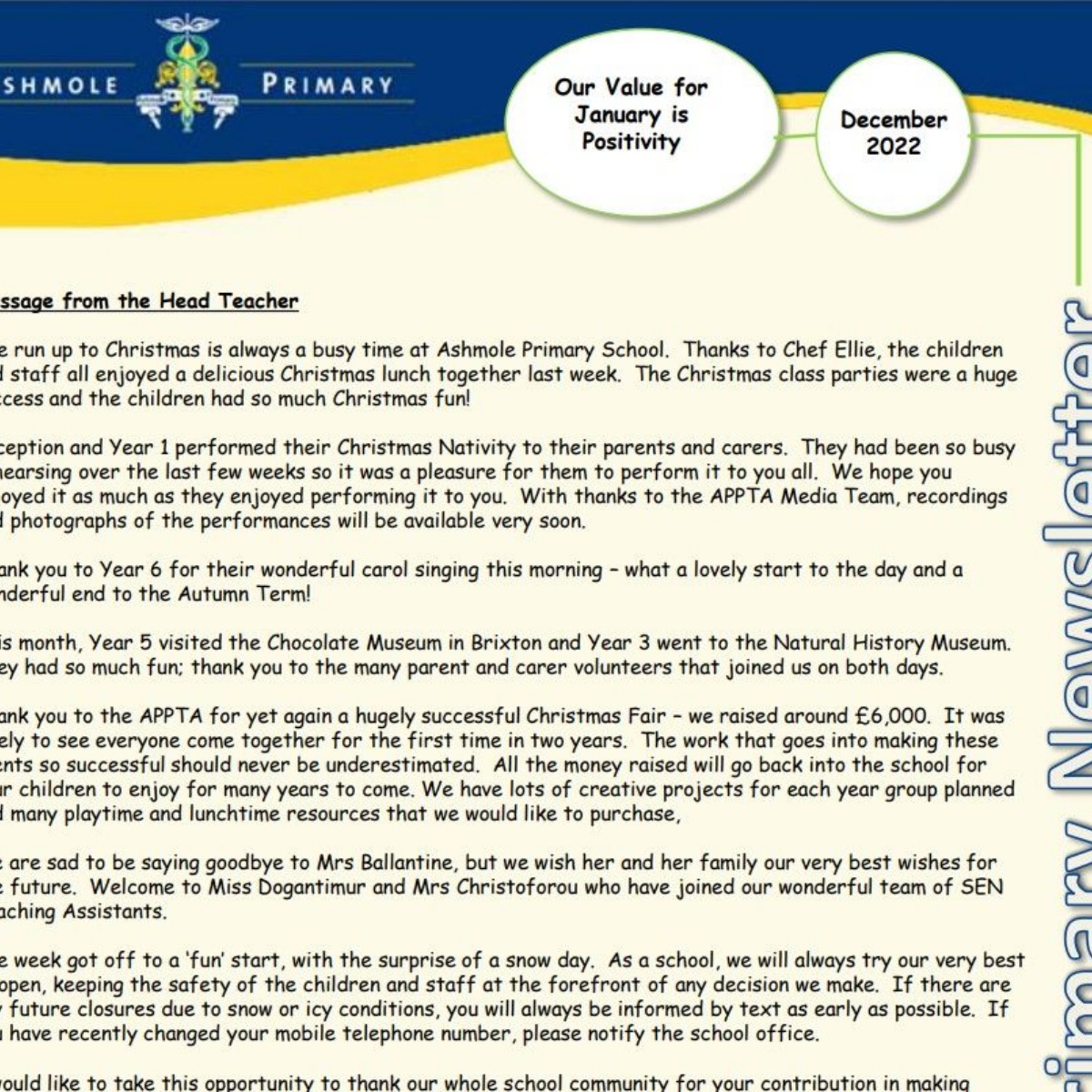 Ashmole Primary - Newsletter - December 2022